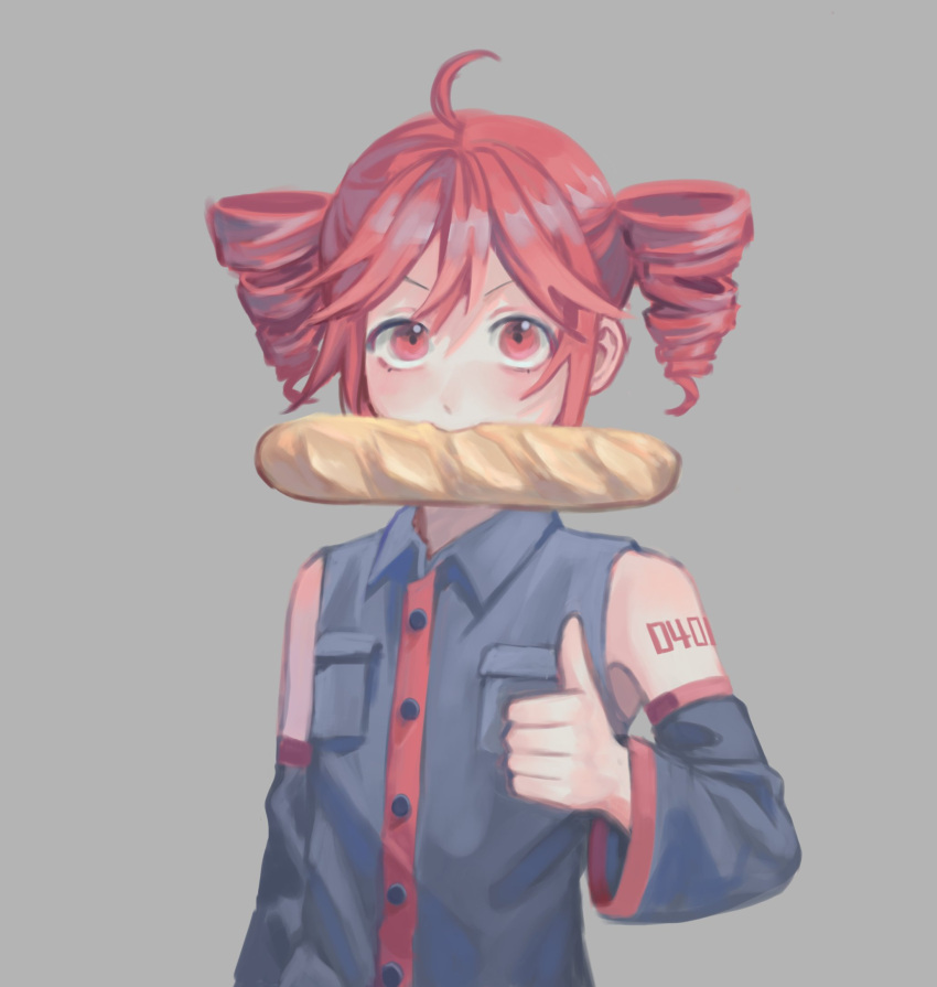 Safebooru - 1girl ahoge arm at side arm tattoo baguette black sleeves blush bread breast pocket ...