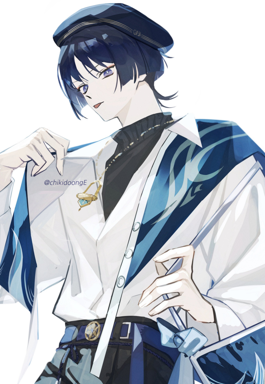 Safebooru - 1boy absurdres alternate costume bag belt beret black hat black undershirt blue bag ...