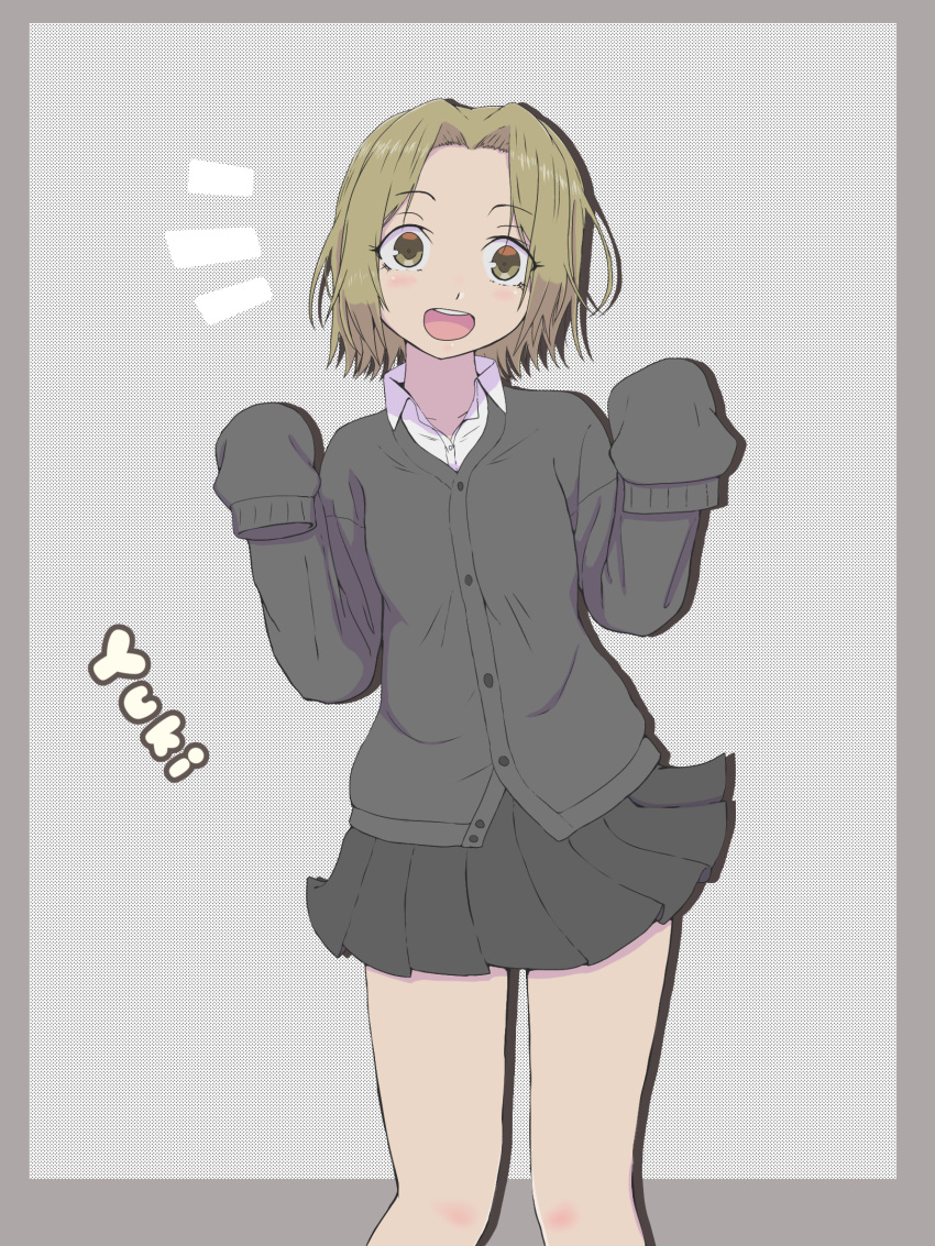 Safebooru - 1girl black skirt black sweater blonde hair blush collared shirt hands up happy ...