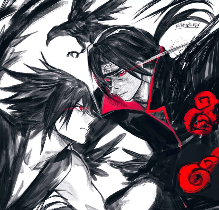 Safebooru - 2boys akatsuki uniform artist name bird closed mouth crow ...