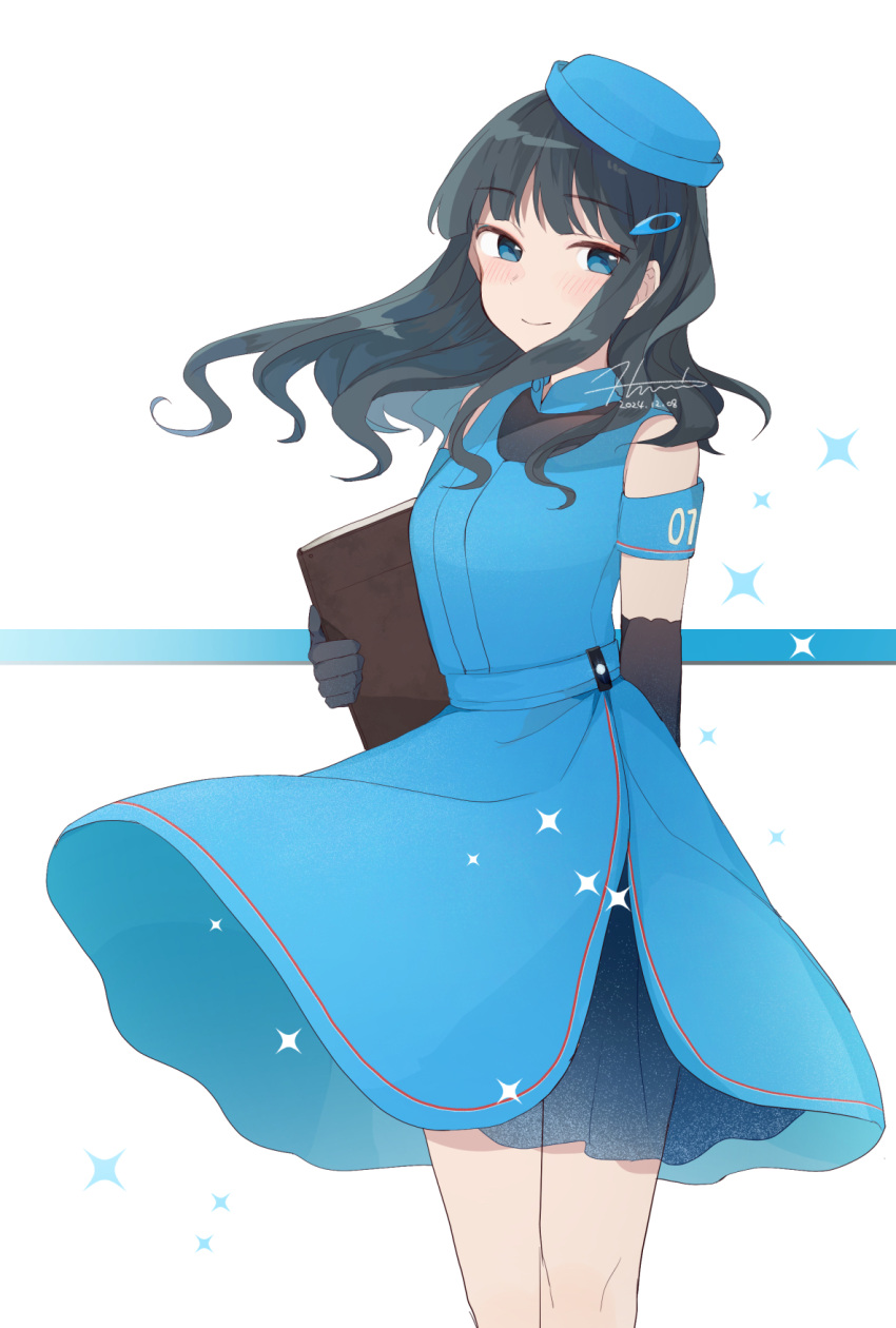 Safebooru - 1girl arm behind back armband bare shoulders black gloves black hair blue armband ...