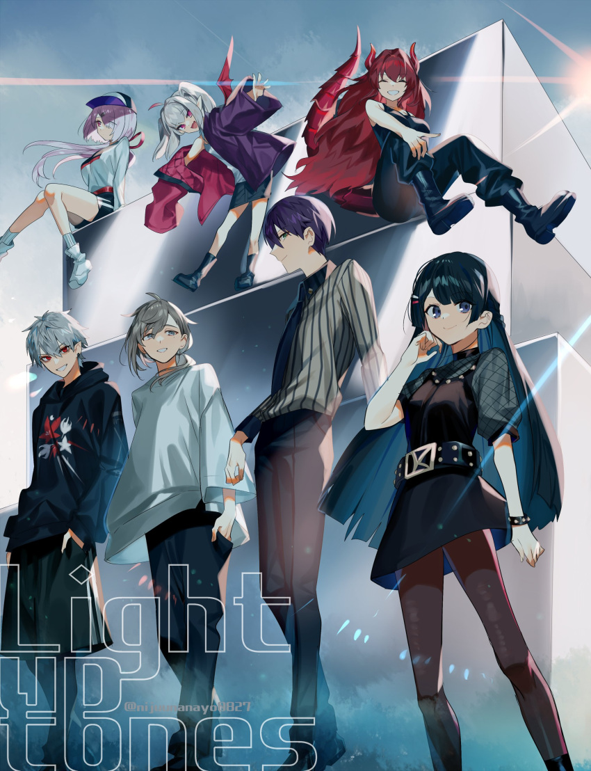 Safebooru - 3boys 4girls ^ ^ absurdres black dress black footwear black ...