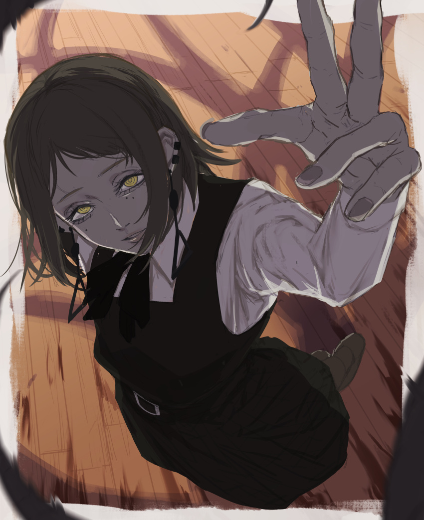 Safebooru - 1girl absurdres black dress black ribbon chainsaw man collared shirt dress earrings ...