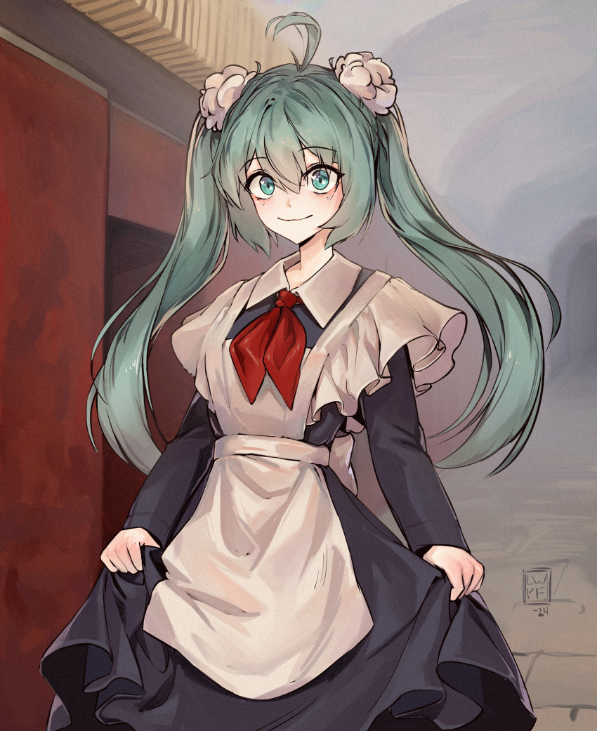 Safebooru - 1girl absurdres ahoge alternate costume apron aqua eyes aqua hair black dress closed ...