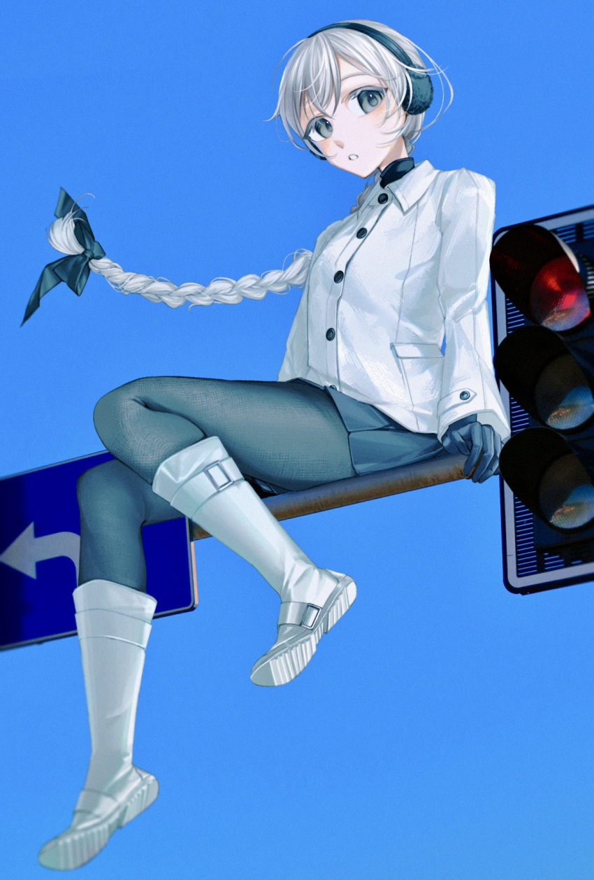 Safebooru - 1girl black gloves black ribbon black skirt blue background ...