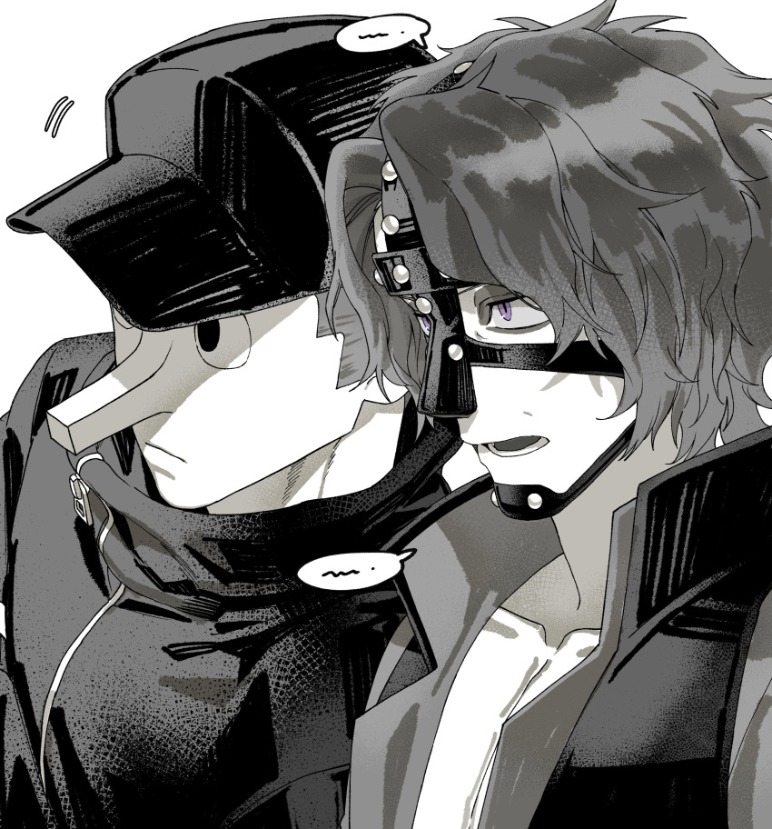 Safebooru - 2boys absurdres closed mouth collarbone commentary request from side greyscale ...