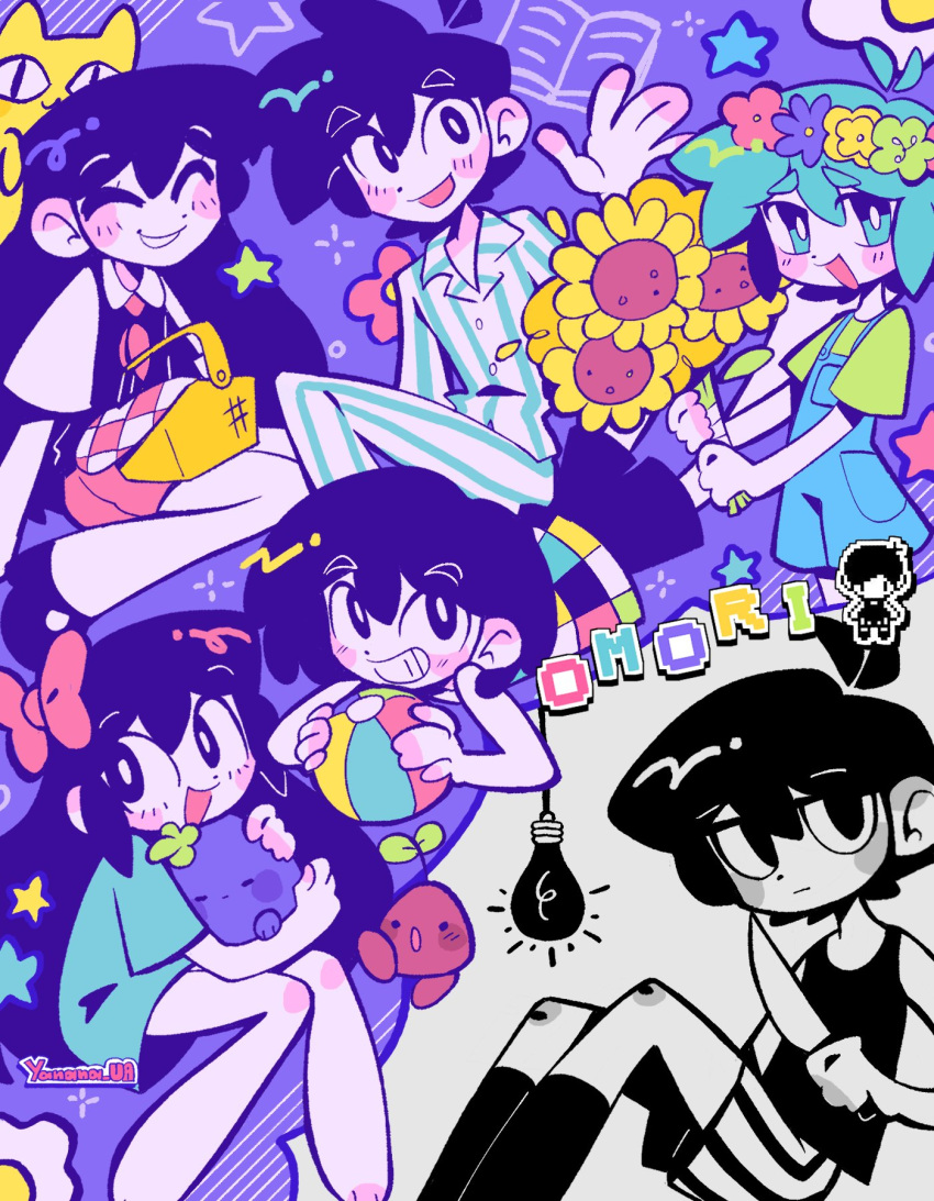 Safebooru - 2girls 4boys :d ^ ^ antenna hair aqua dress aqua eyes aqua hair artist name aubrey ...