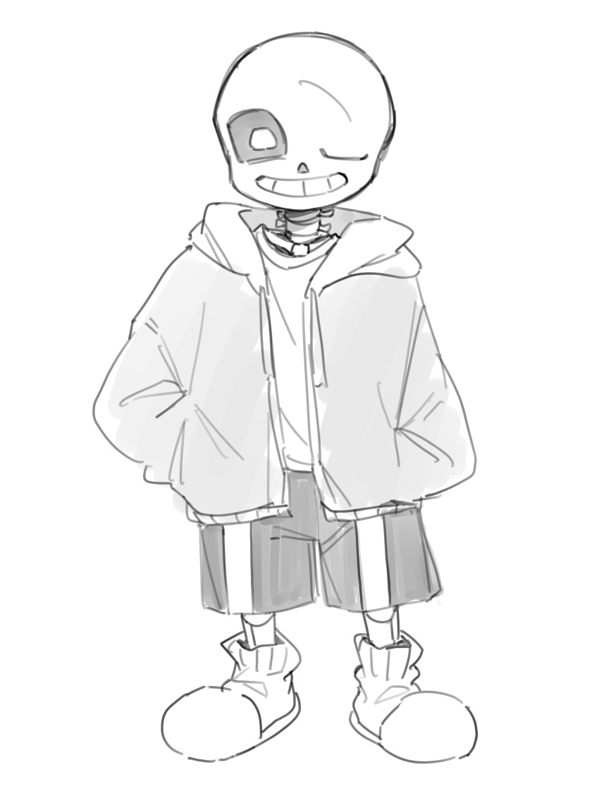 Safebooru - 1boy absurdres black shorts bone full body grin highres ...