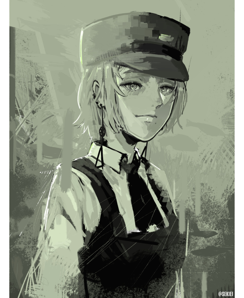 Safebooru - 1girl chainsaw man collared shirt dress earrings fami (chainsaw man) green theme hat ...