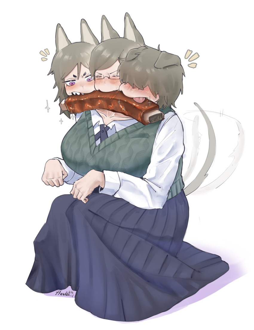 Safebooru - 1girl animal ears blush brown hair cerberus collarbone dog ears food glasses highres ...