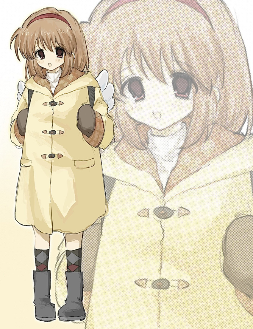 Safebooru - 1girl argyle clothes argyle socks brown coat brown eyes brown hair brown mittens ...