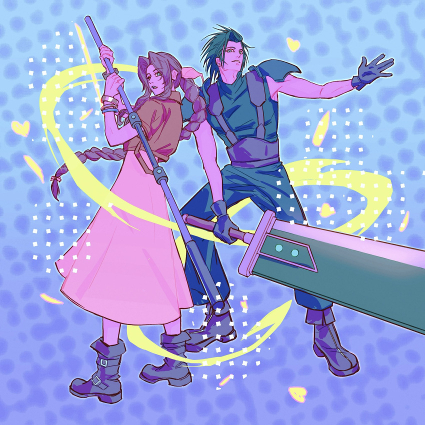 Safebooru - 1boy 1girl aerith gainsborough armor baggy pants bangle black gloves black hair ...