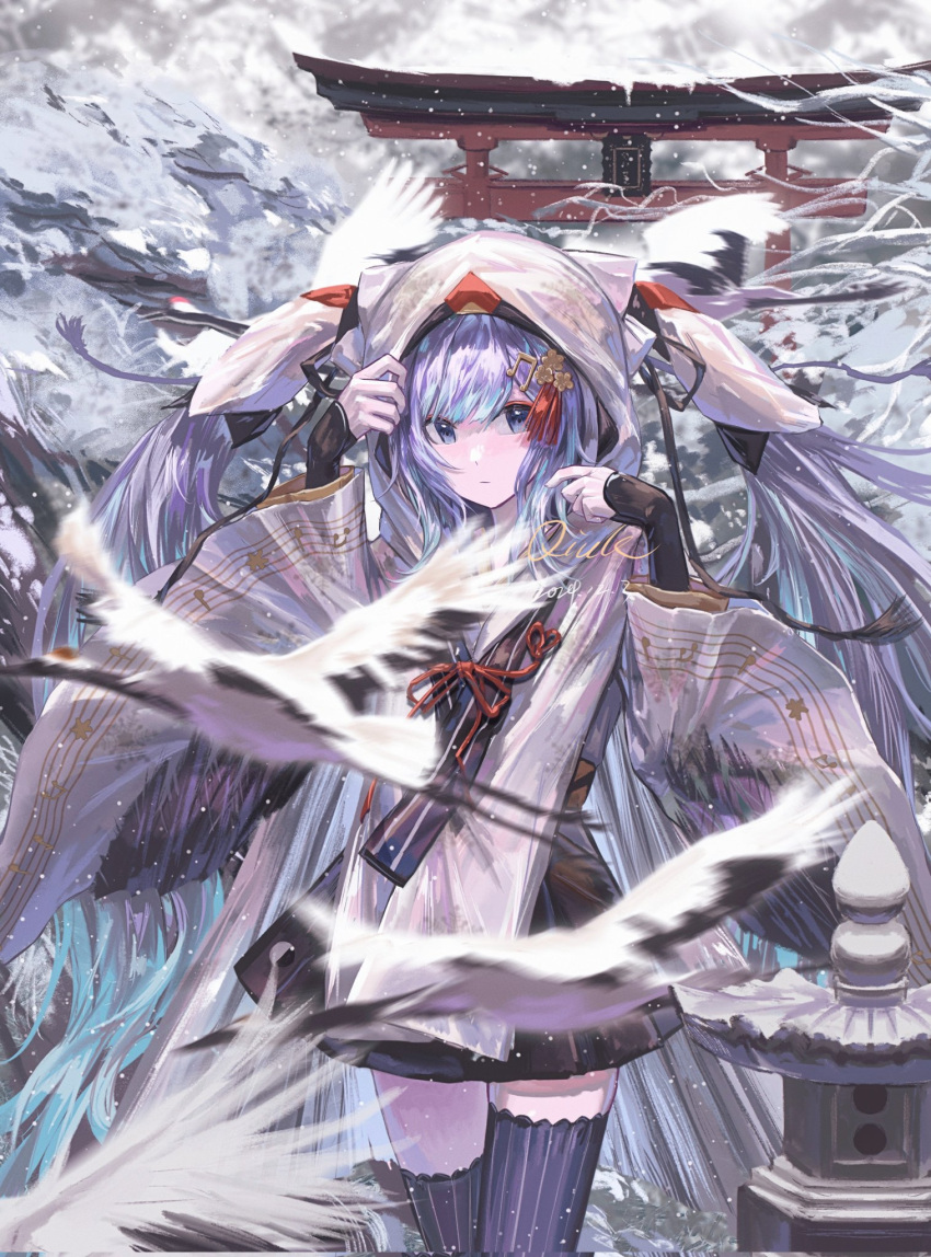 Safebooru - 1girl bird blue hair blurry blurry foreground closed mouth ...