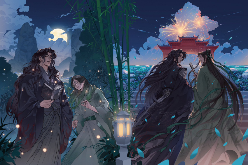 Safebooru - 4boys armor bamboo black hair black hanfu book bush chinese clothes clouds cowboy ...