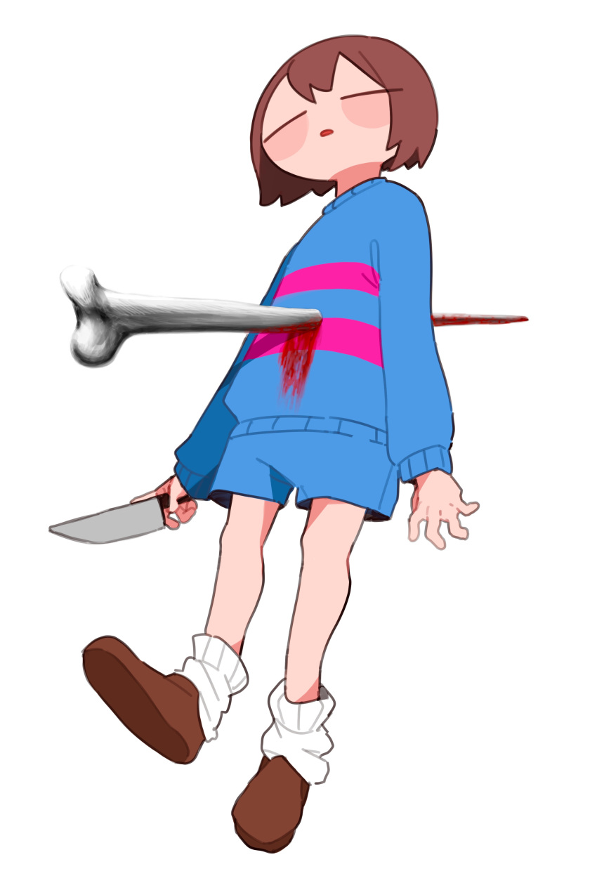 Safebooru - 1other absurdres blood blue sweater bone brown footwear ...