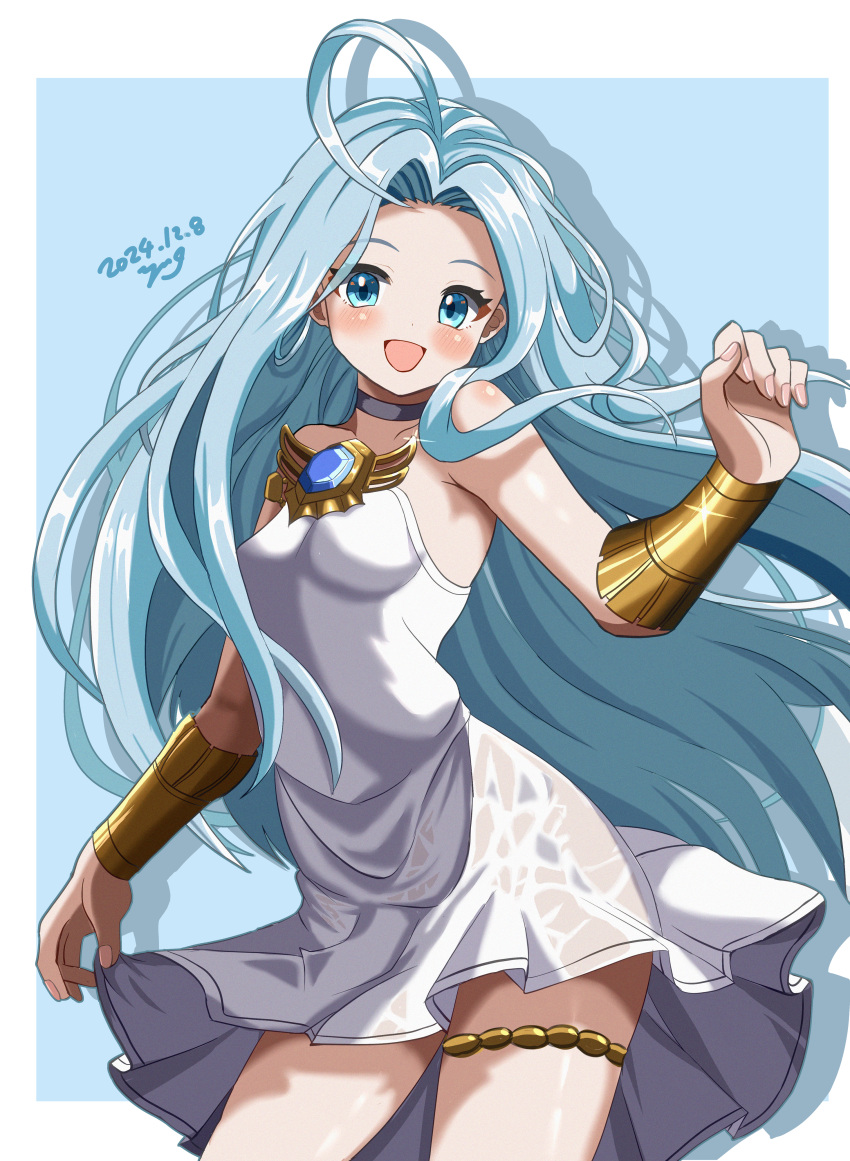 Safebooru - 1girl absurdres ahoge blue eyes blue hair bridal gauntlets choker dress gauntlets ...