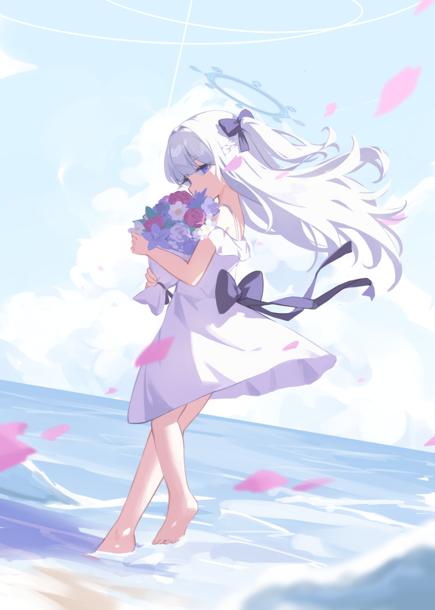 Safebooru - 1girl absurdres alternate costume back bow barefoot black bow blue archive blue eyes ...