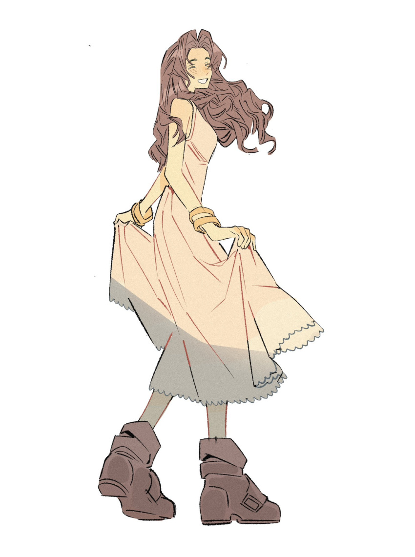 Safebooru - 1girl aerith gainsborough bangle bare shoulders boots bracelet breasts brown ...