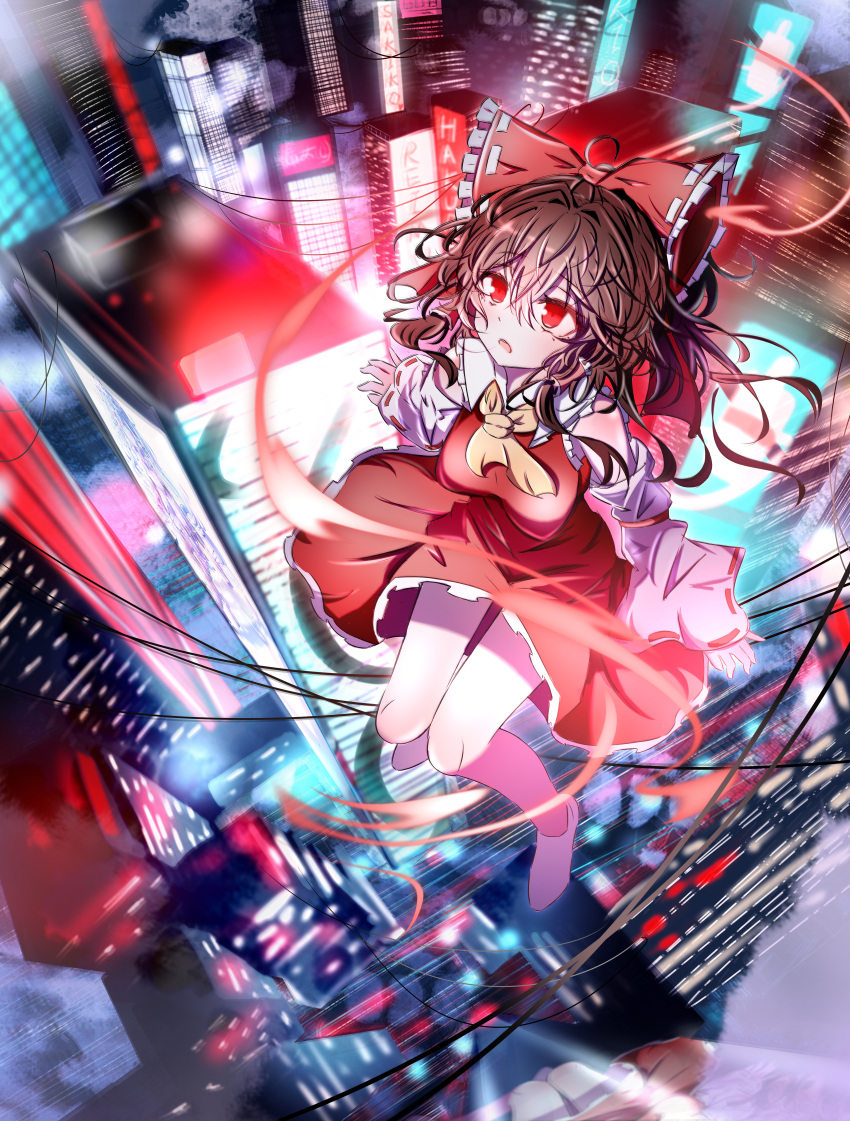 Safebooru - 1girl absurdres ascot bow brown hair city lights cityscape ...