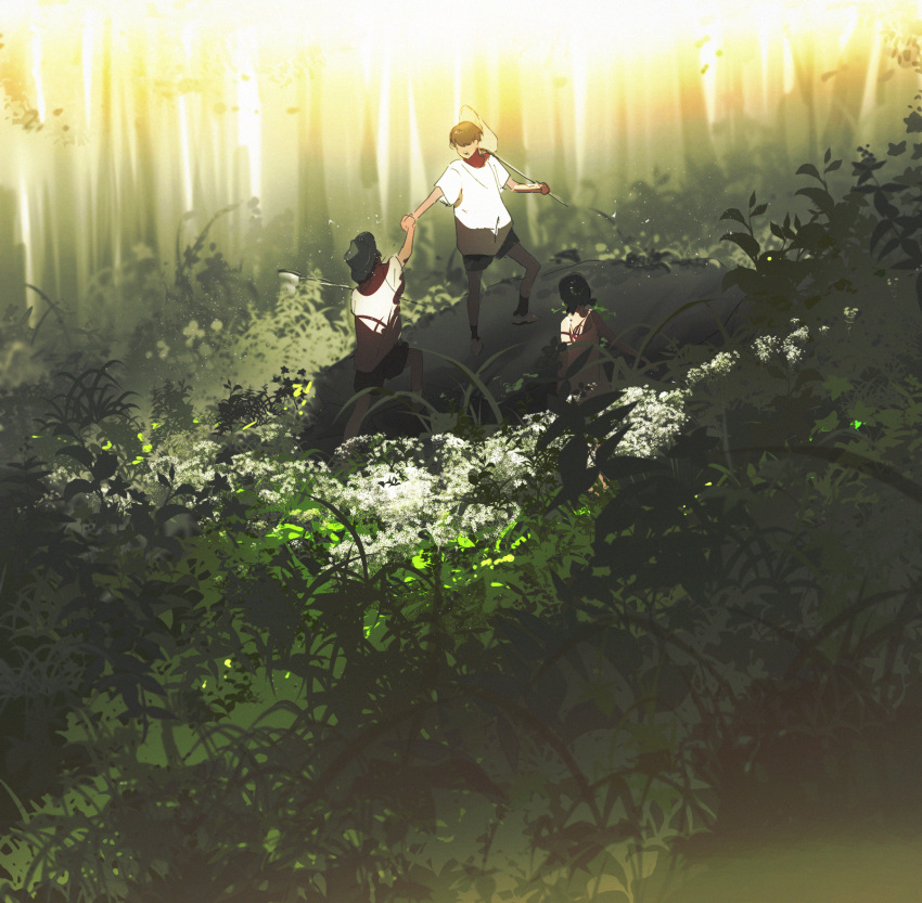 Safebooru - 1girl 2boys amo59320 ankle socks black hat black shorts black socks brown hair bush ...