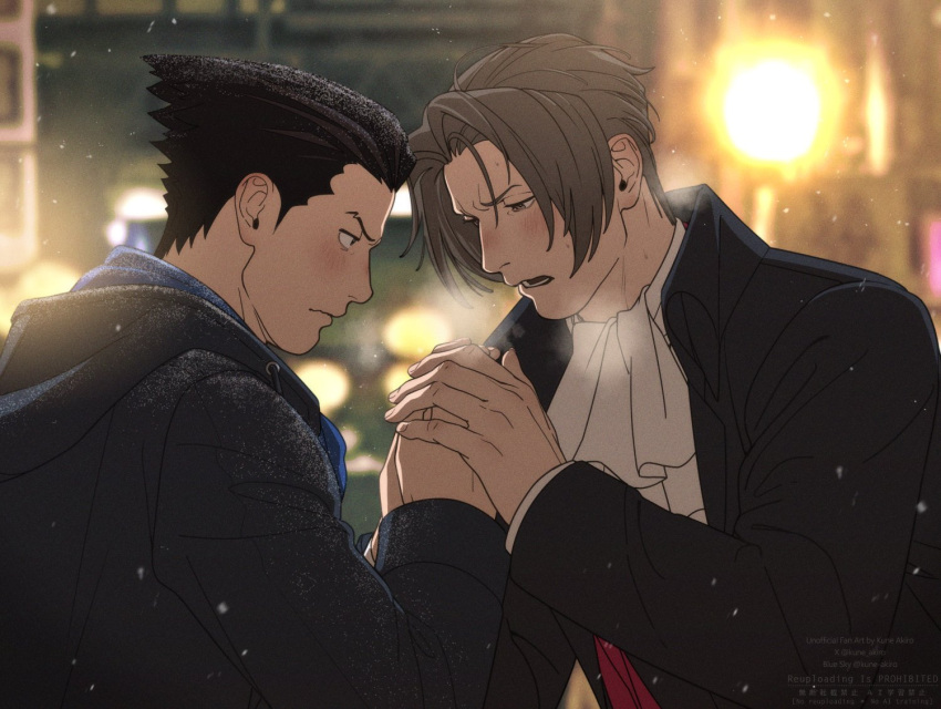 Safebooru - 2boys ace attorney ascot black coat black hair black hoodie blue scarf brown hair ...