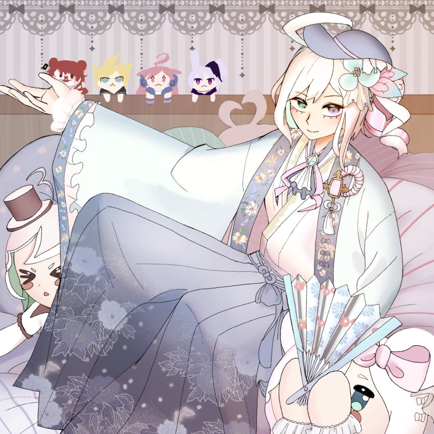 Safebooru - 1boy ahoge bed blue eyes blue flower blue hat blue skirt ...