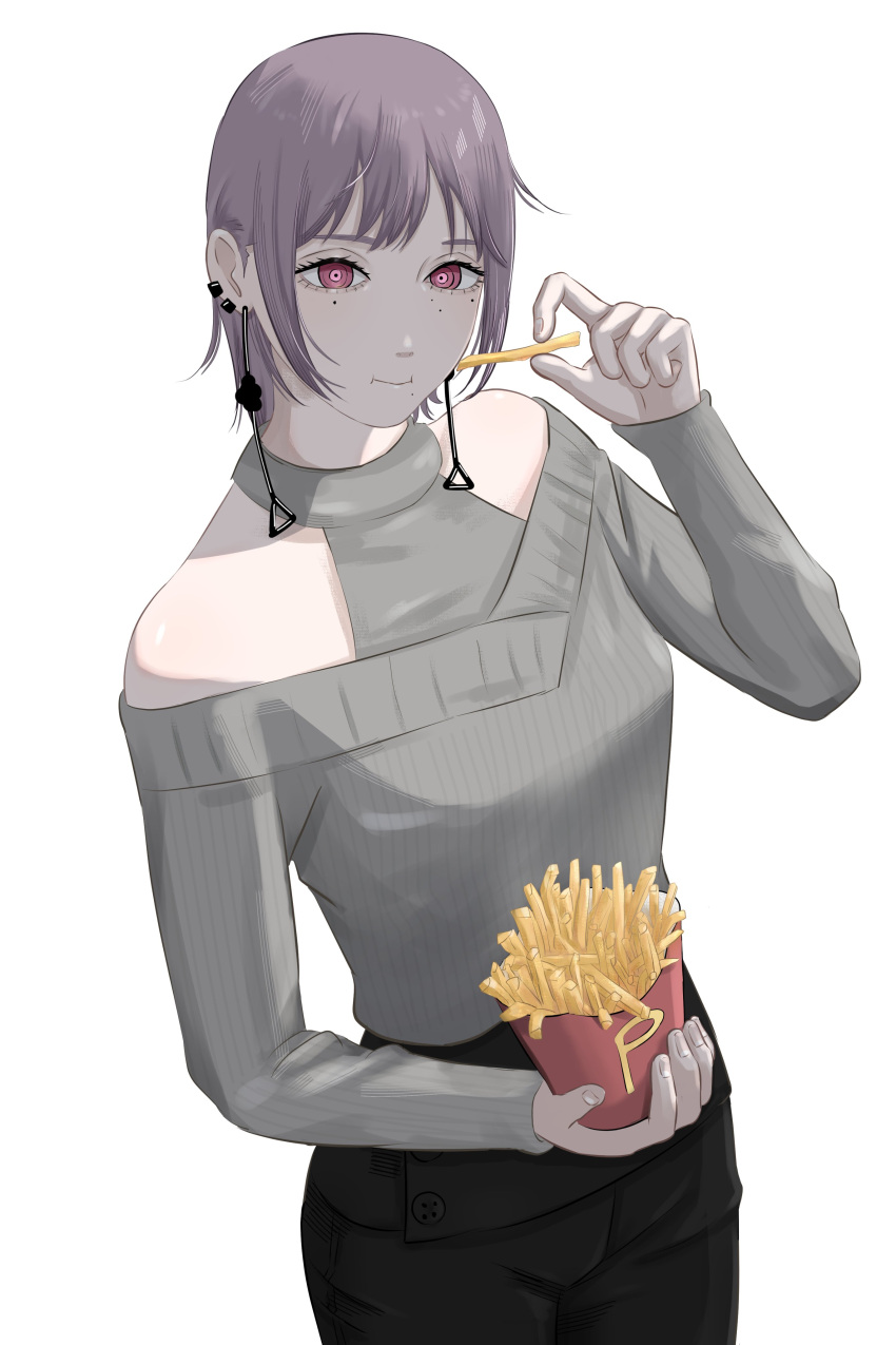 Safebooru - 1girl absurdres aguxxxuu black pants chainsaw man earrings eating fami (chainsaw man ...