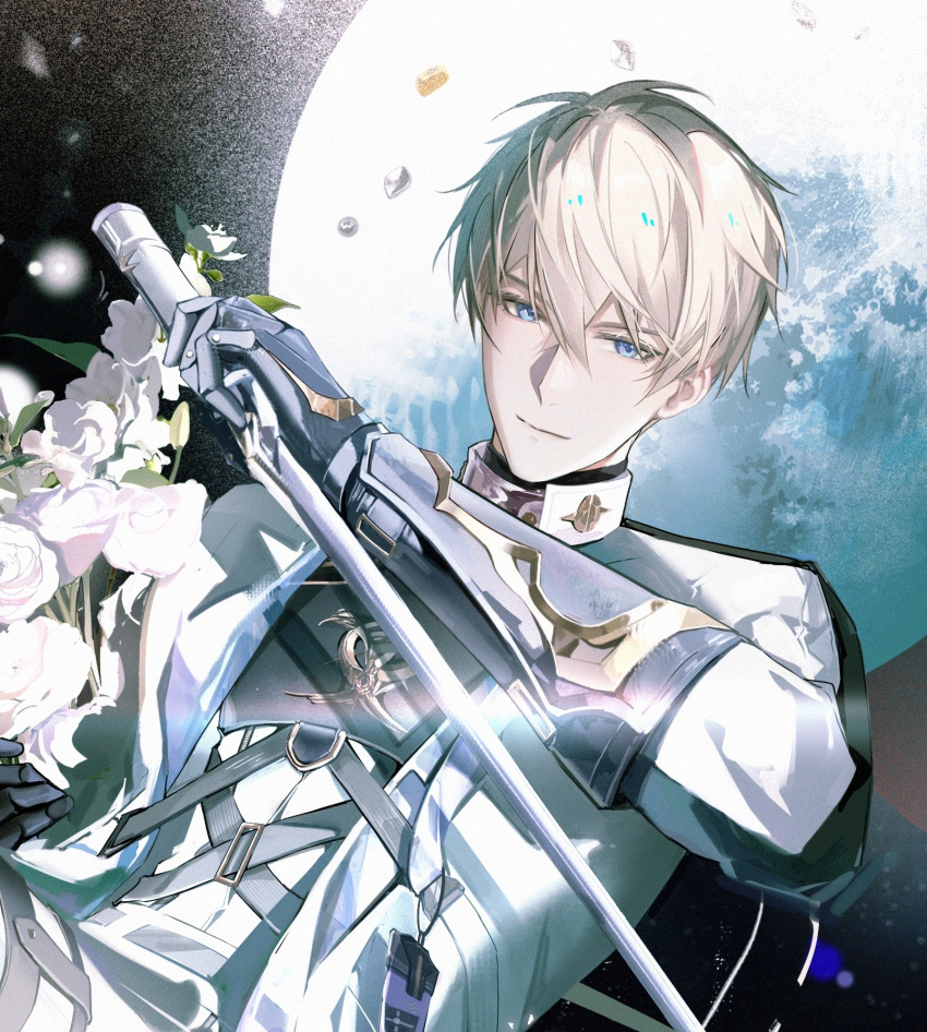 Safebooru - 1boy arm guards black gloves blonde hair blue eyes bouquet ...