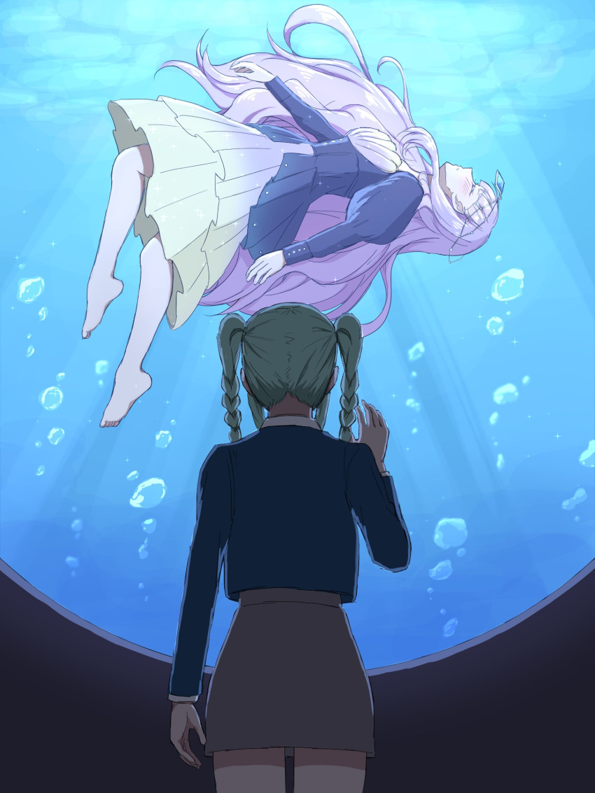 Safebooru - 2girls air bubble aqua hair barefoot black dress blue ...