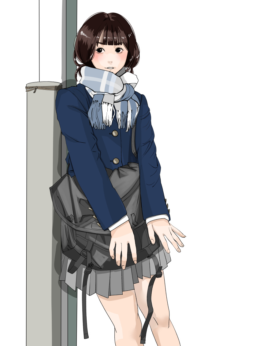 Safebooru - 1girl absurdres bag black eyes blue jacket brown hair grey skirt highres jacket long ...