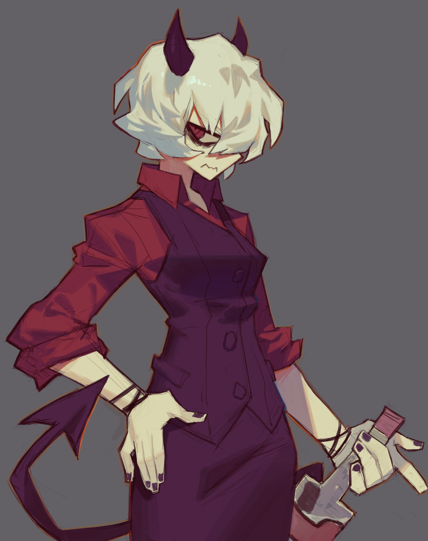 Safebooru - 1girl @ @ absurdres alcohol black background black horns black nails black skirt ...