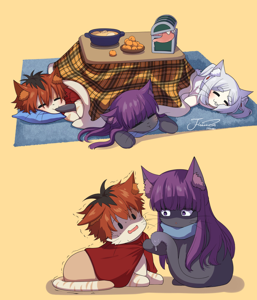 Safebooru - absurdres animal animalization artist name biting another's tail black hair cat fern ...