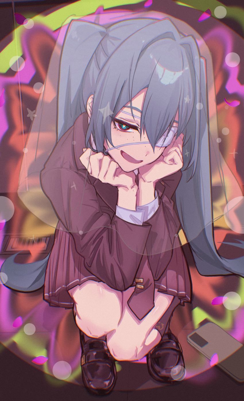 Safebooru - 1girl aqua hair black footwear black jacket black necktie black skirt cellphone ...