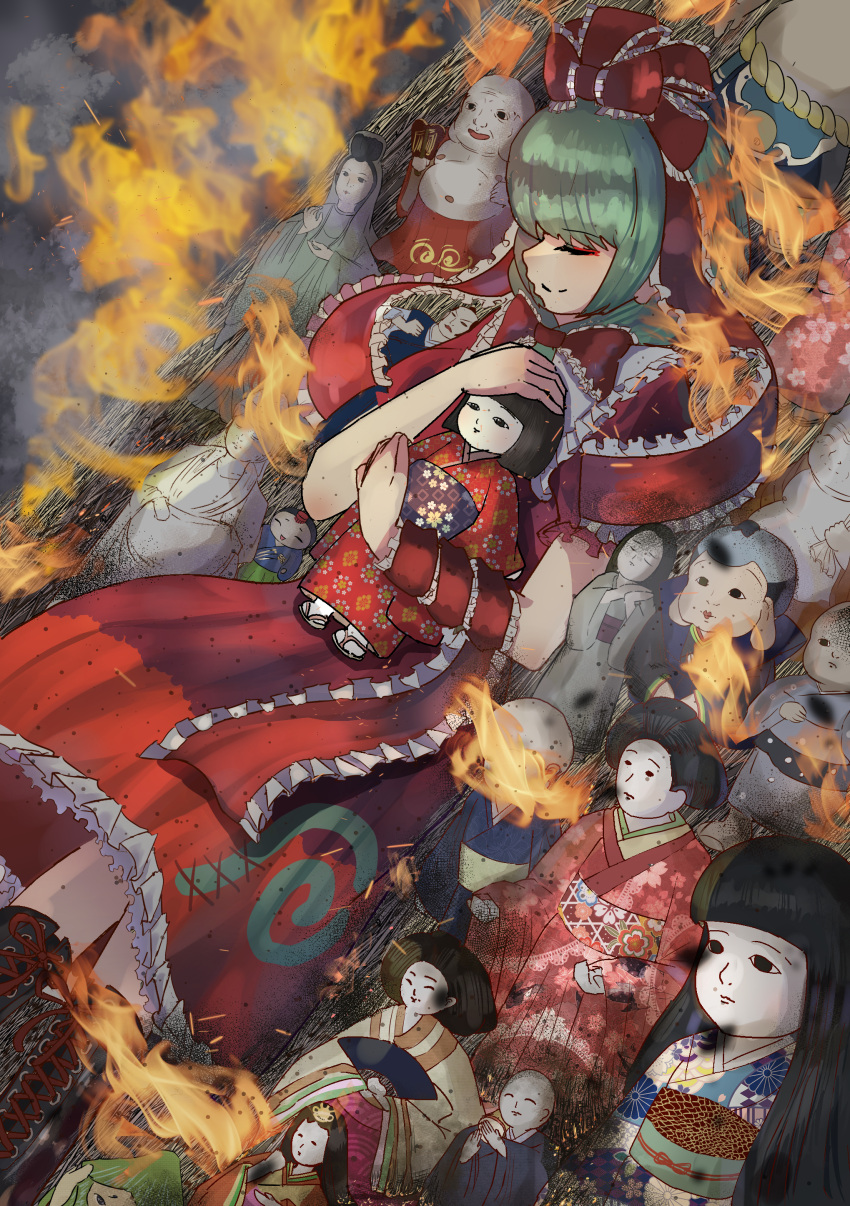Safebooru - 1girl absurdres bow doll dress fire green hair highres ...
