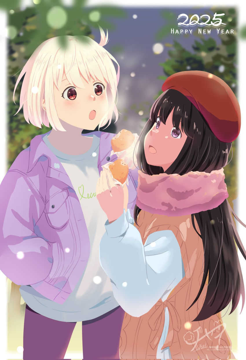 Safebooru - 2025 2girls beret black hair blonde hair brown sweater vest chai haru commentary ...