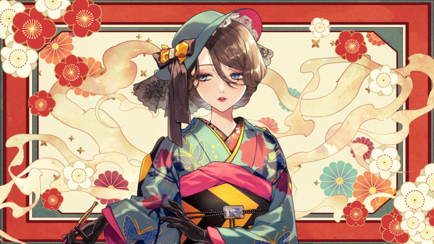 Safebooru - 1girl animal print black gloves blue eyes bow brown hair butterfly print dairoku ...