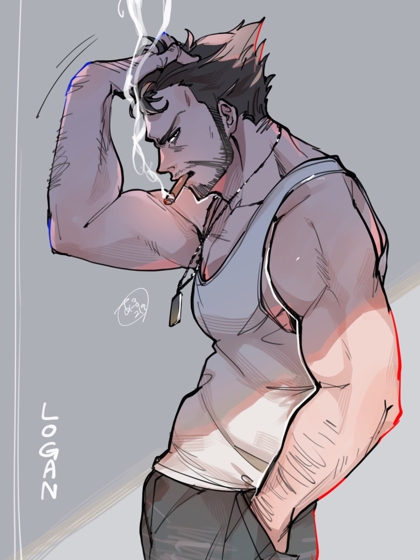 Safebooru - 1boy arm hair beard brown hair character name cigar commentary request deadpool ...