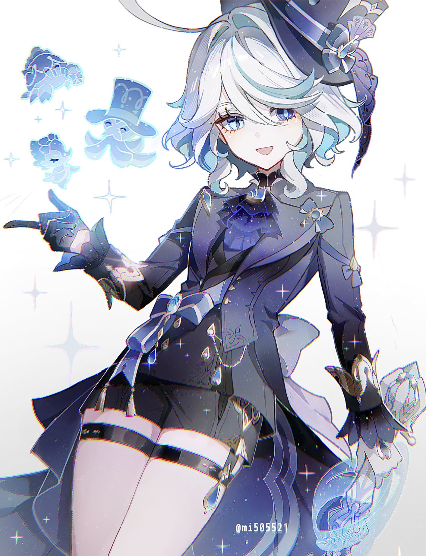 Safebooru - 1girl absurdres ahoge ascot black coat black hat black shirt black shorts blue ascot ...