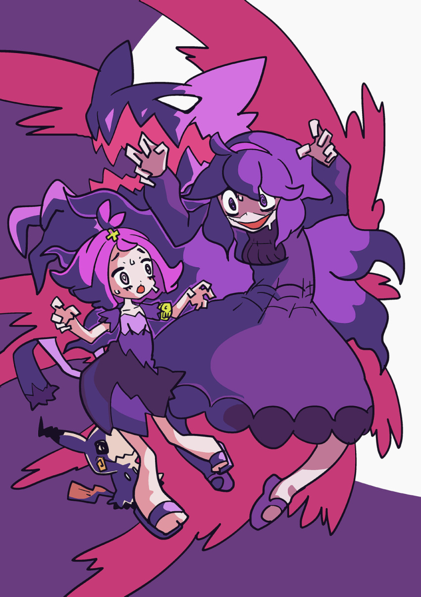 Safebooru - 2girls :d :o acerola (pokemon) ahoge armlet arms up commentary request dress ...