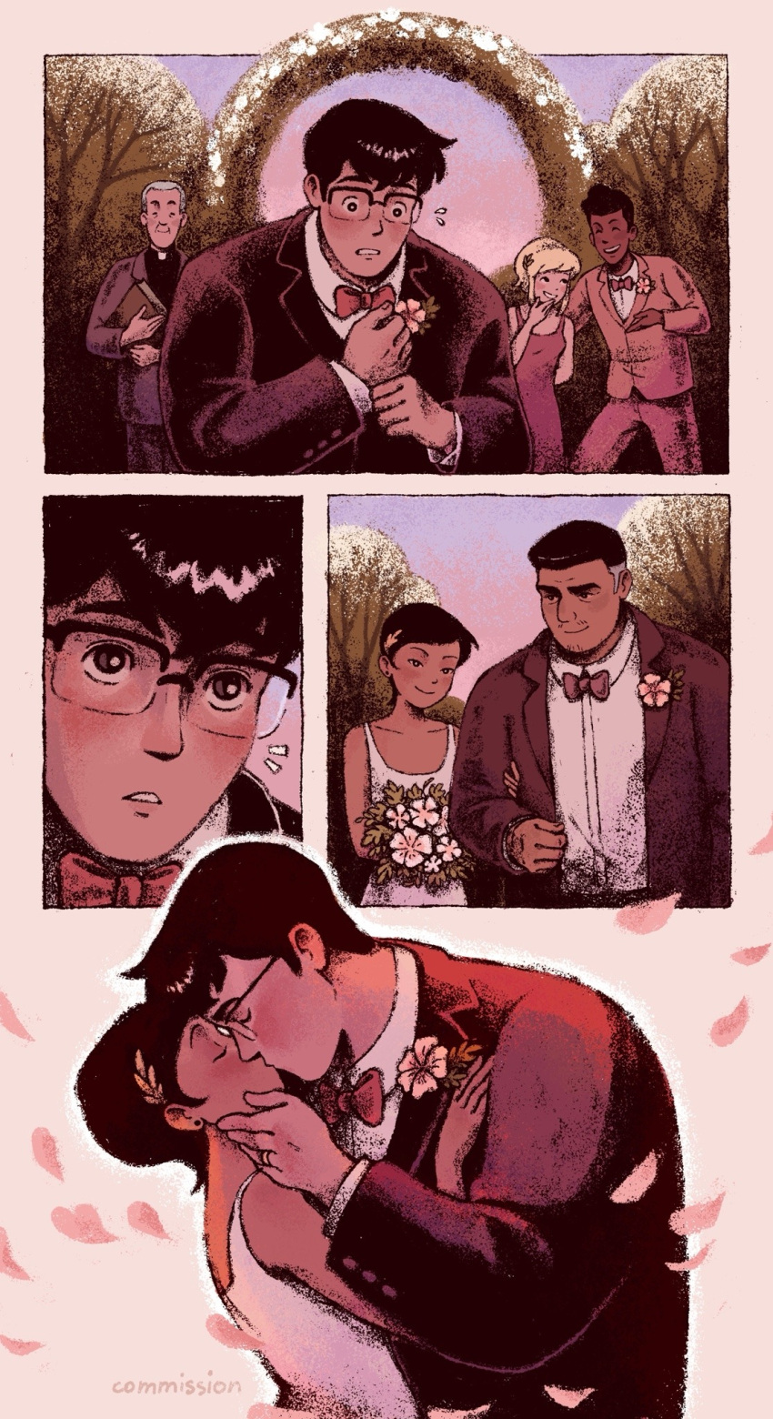 Safebooru - 2girls 3boys arch black hair blazer blonde hair blue eyes bouquet bow bowtie clark ...