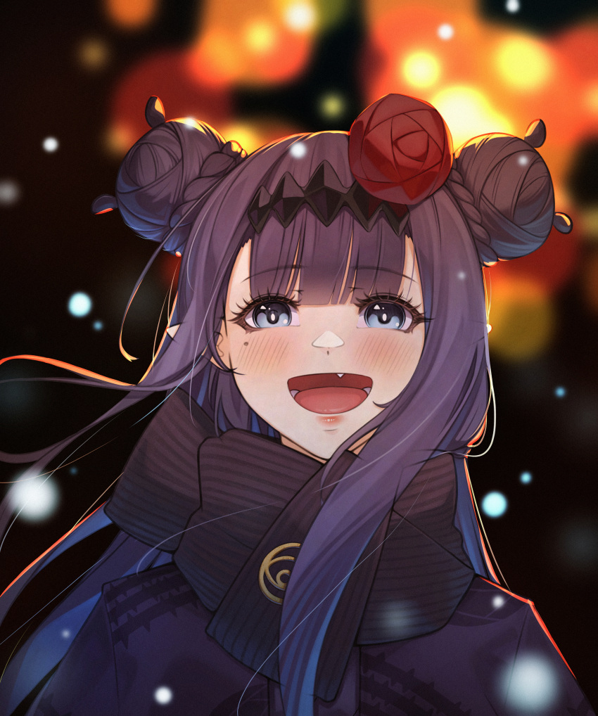 Safebooru - 1girl absurdres black scarf blue eyes blush diamond hair ornament double bun fang ...