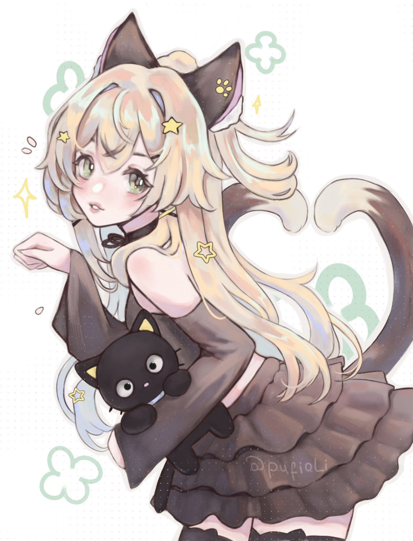 Safebooru - animal ears black skirt blonde hair cat ears cat tail cropped legs detached sleeves ...