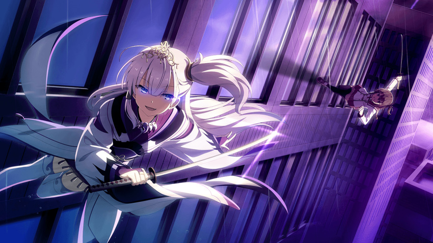 Safebooru - 2girls black thighhighs blue eyes building etou kanami eye ...