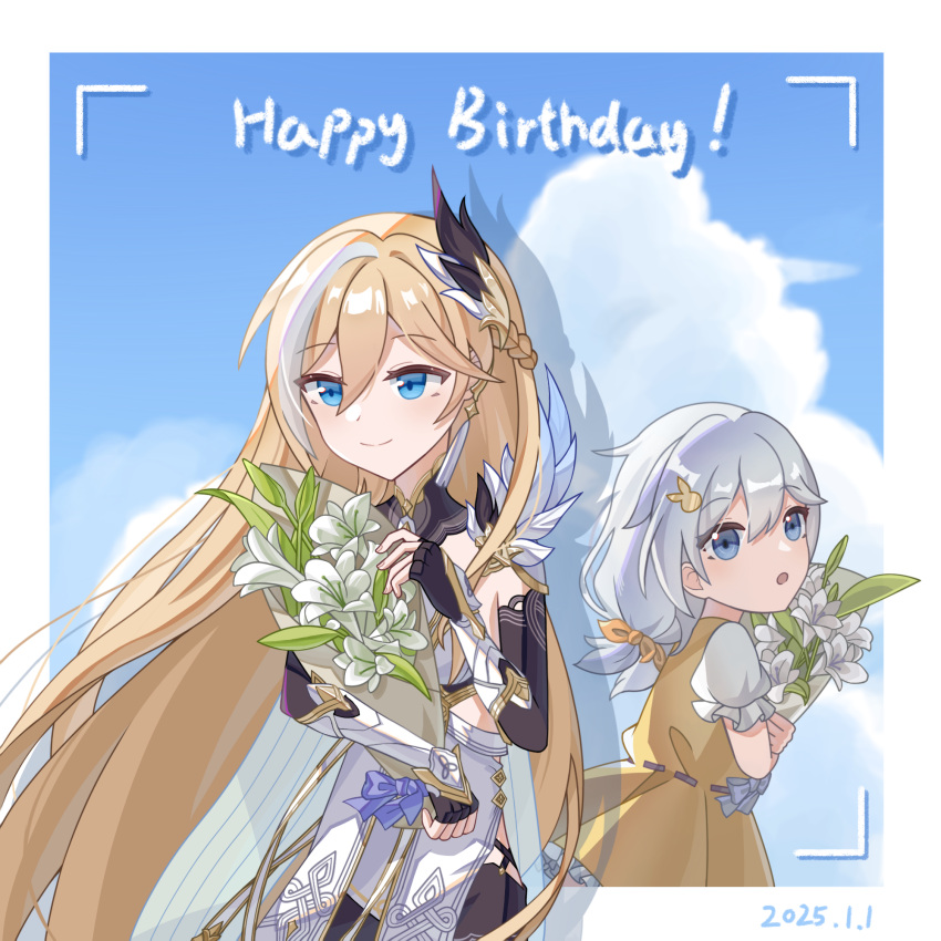 Safebooru - 2girls birthday blonde hair blue eyes blue sky border bouquet braid chinese ...