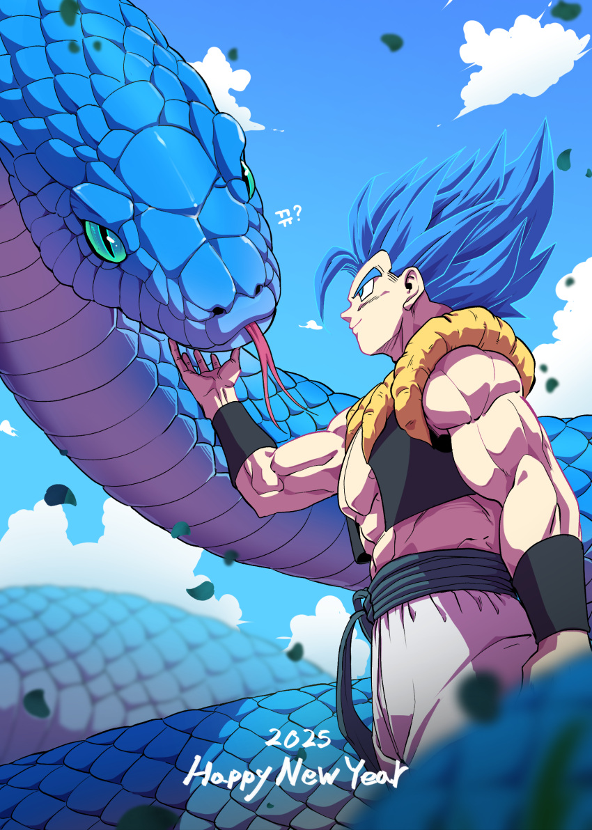 Safebooru - 1boy 1other 2025 absurdres aqua eyes blue eyes blue hair blue scales blue sky blurry ...