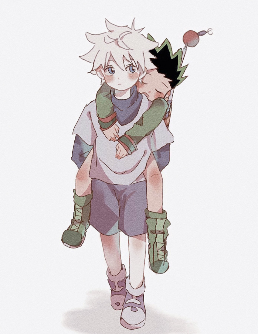 Safebooru - 2boys arms around neck arms behind back black hair black shirt black shorts blue ...