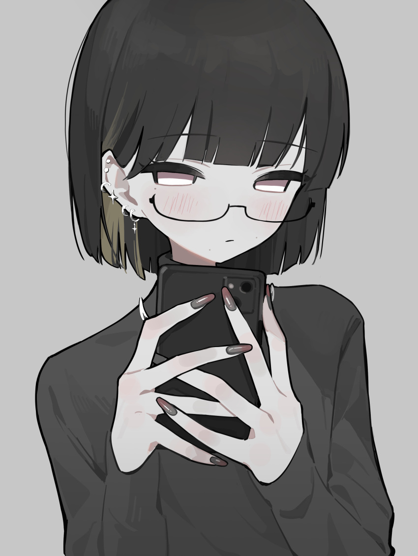Safebooru - 1girl absurdres black hair black shirt blonde hair blush cellphone closed mouth ear ...