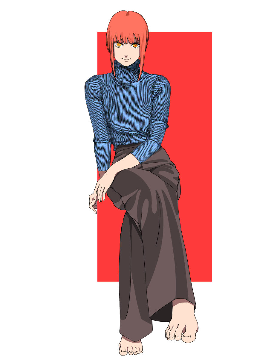 Safebooru - 1girl absurdres barefoot blue sweater brown pants chainsaw ...