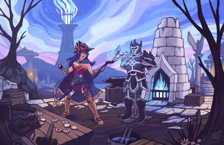 Safebooru - 1girl absurdres anvil armor armored boots bandaged leg bandages bare tree barrel ...