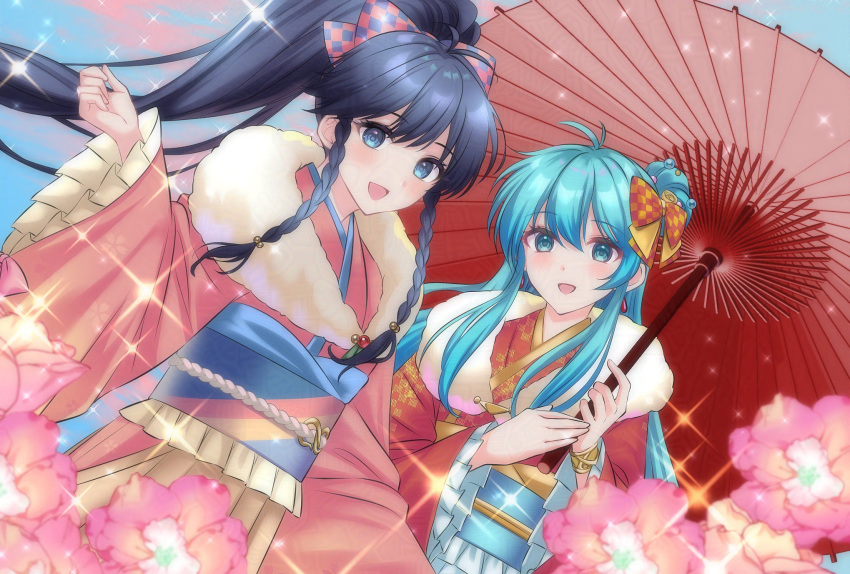 Safebooru - 2girls :d alternate costume aqua eyes aqua hair blue eyes blue hair bow braid ...